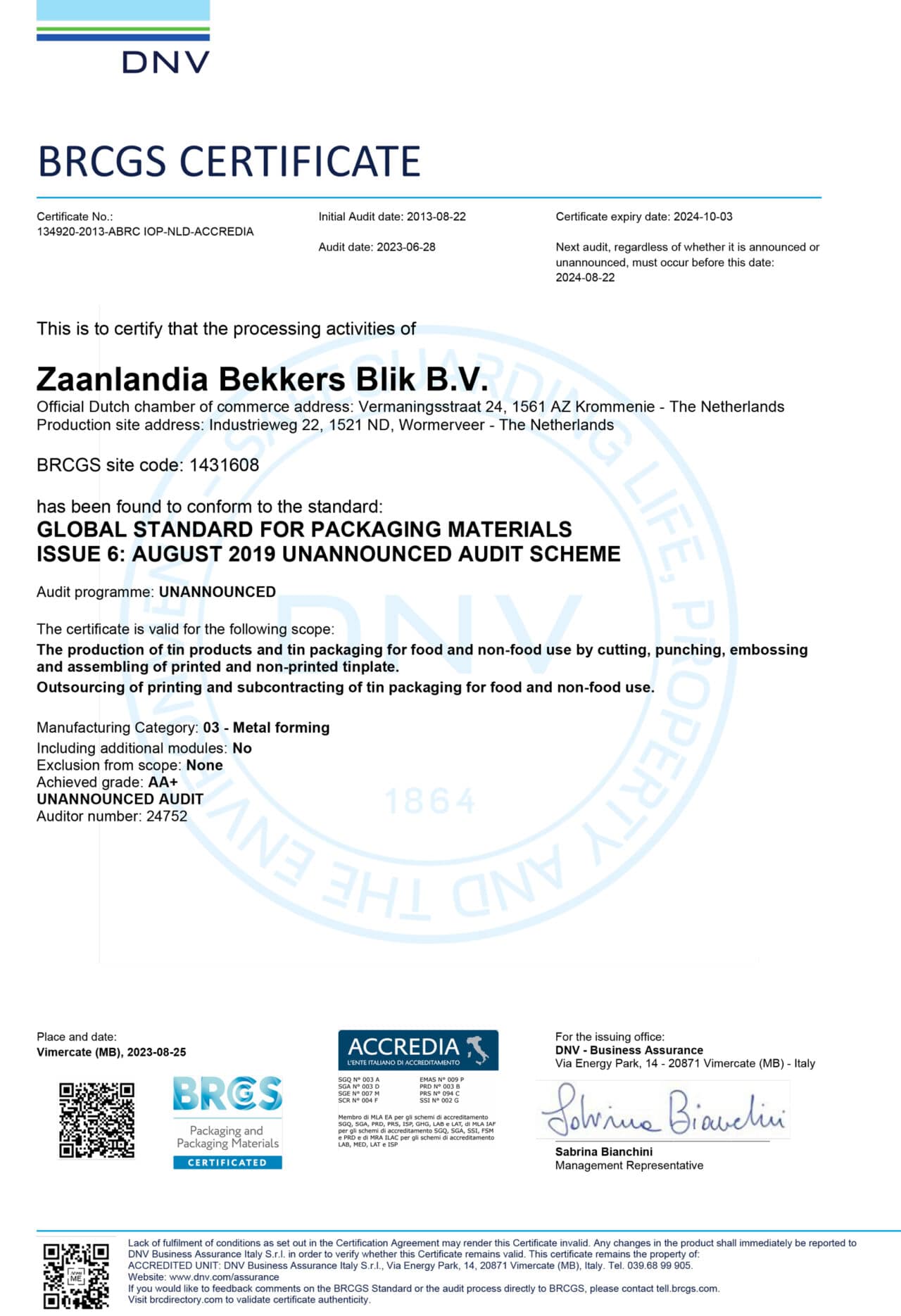 BRC Packaging certificate - Zaanlandia Blikverpakkingen